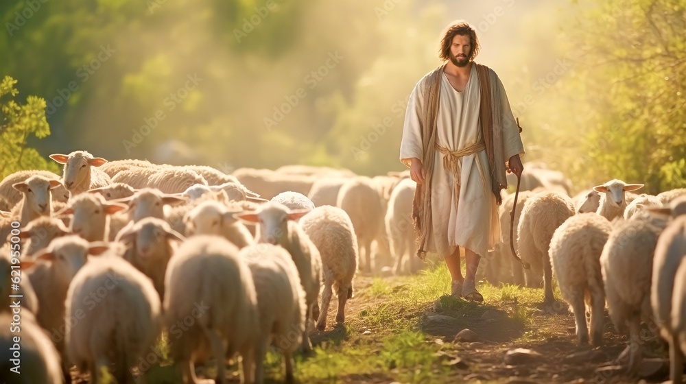 Shepherd Jesus Christ leading the sheep and praying to God and in the ...