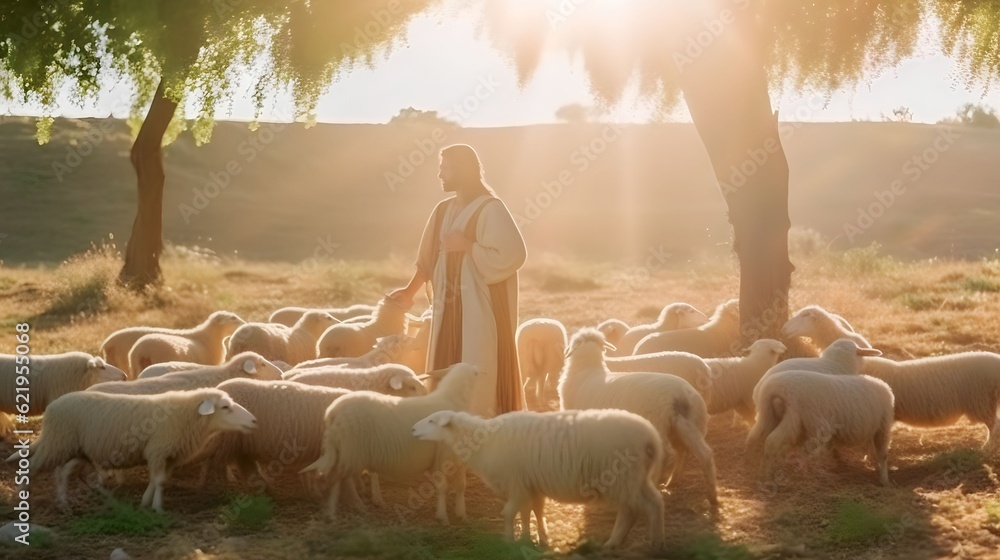 Shepherd Jesus Christ leading the sheep and praying to God and in the ...