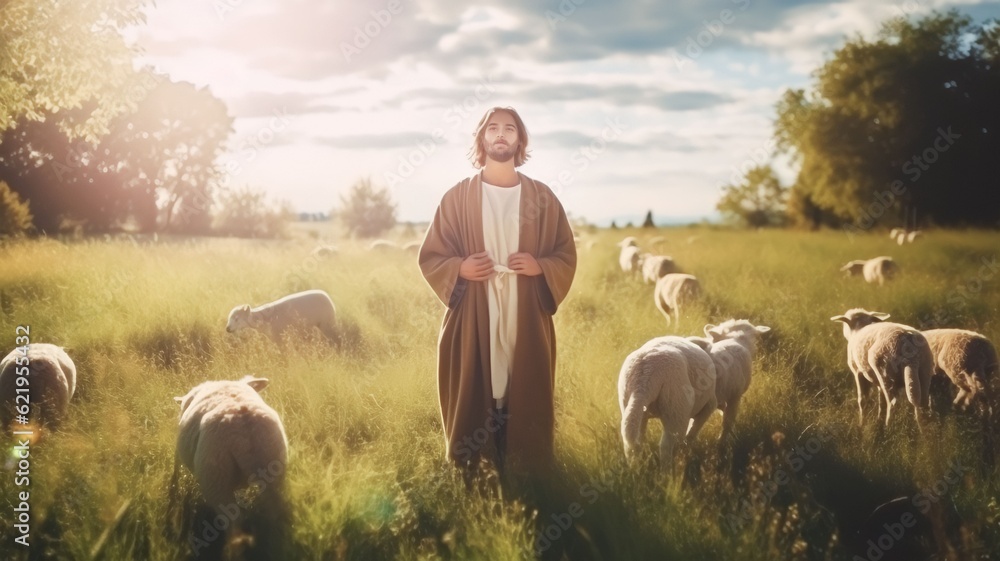 Shepherd Jesus Christ leading the sheep and praying to God and in the ...