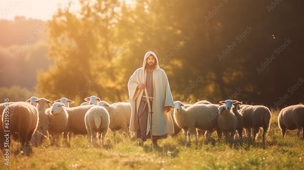 Shepherd Jesus Christ leading the sheep and praying to God and in the ...