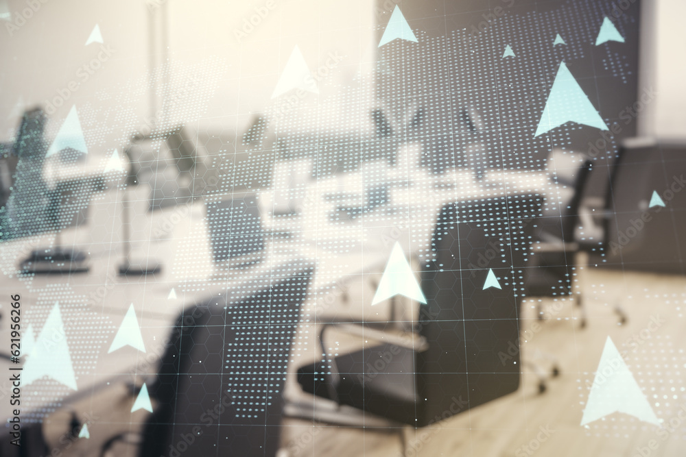 Double exposure of abstract virtual world map with pins hologram on ...