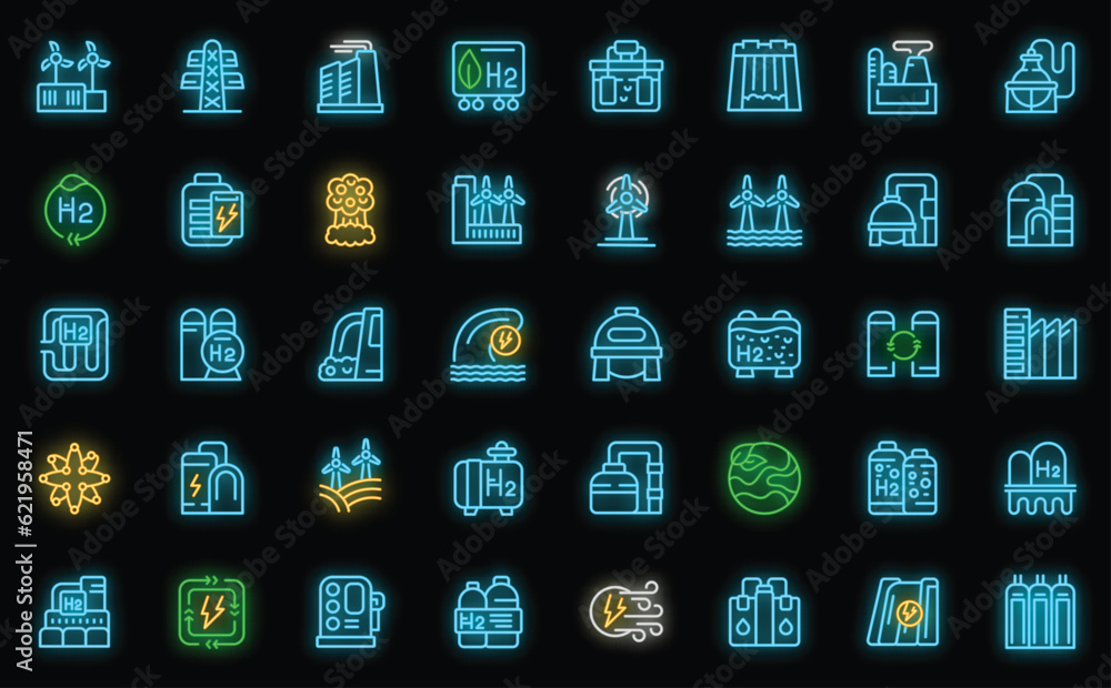 Hydrogen energy icons set outline vector. Fuel energy. Car vehicle neon ...