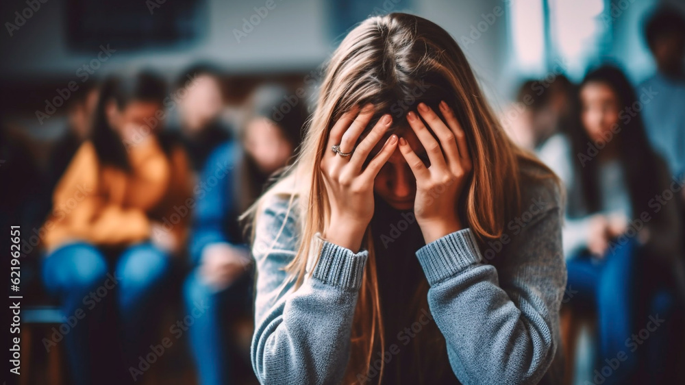 Teenage girls bullying at school. Woman covering her face, crying ...