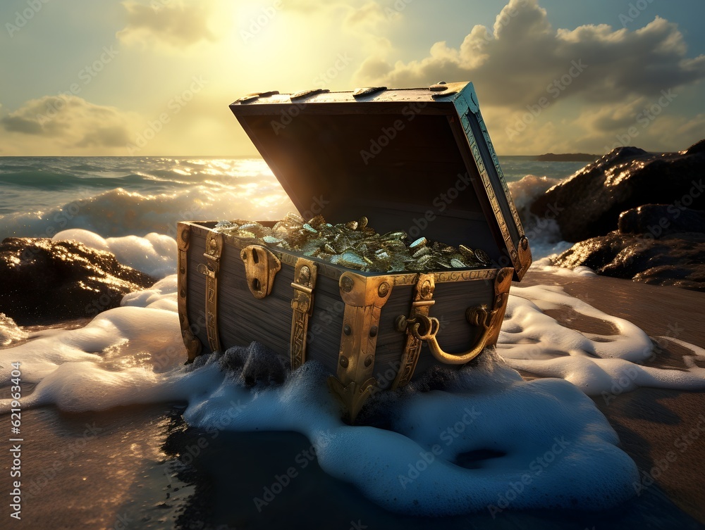 Eine offene Schatztruhe am Strand enthüllt ihre Schätze Stock ...