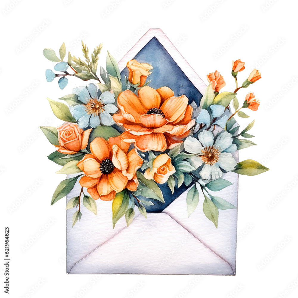 Watercolor of a envelope with flowers Clipart isolated on Transparent ...