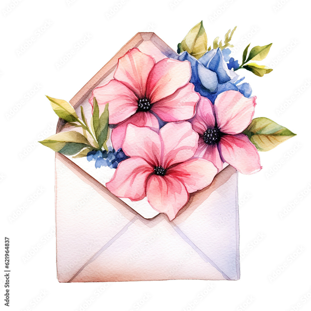 Watercolor of a envelope with flowers Clipart isolated on Transparent ...