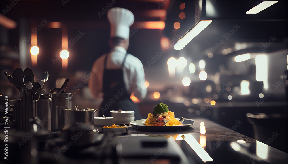 Professional restaurant kitchen interior, indoor dark background with ...