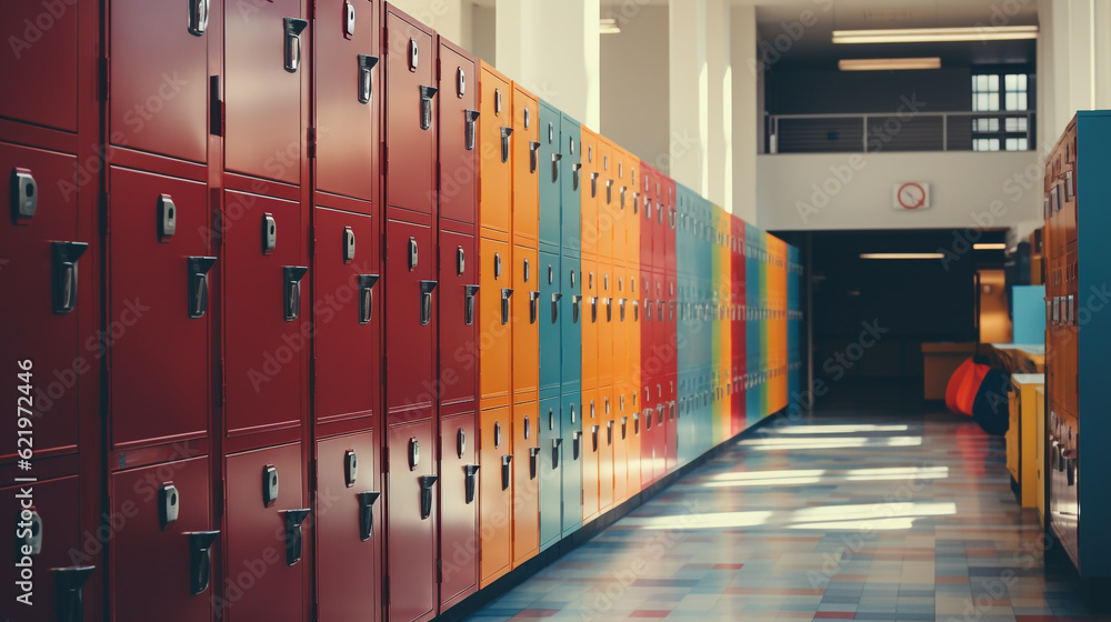 A row of colorful lockers in a school corridor, with empty name tags ...