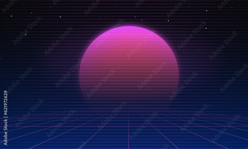 Retro background futuristic landscape 1980s style. Digital retro cyber ...