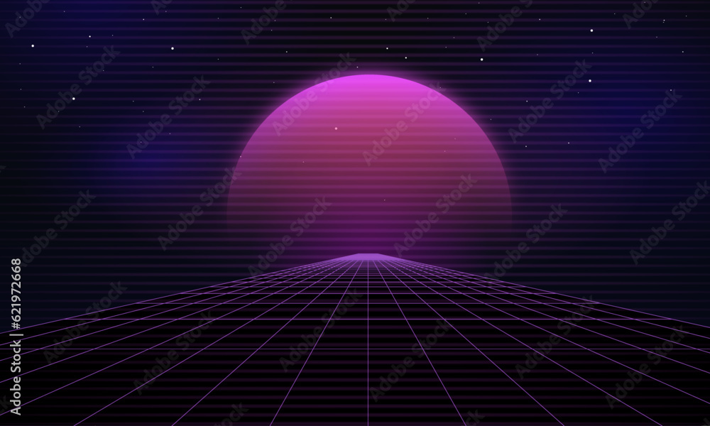 Retro background futuristic landscape 1980s style. Digital retro cyber ...
