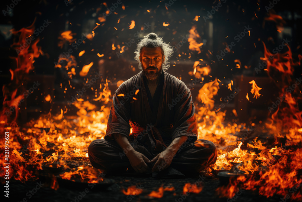 Karate Fury Unleashed. Striking Action in White Kimono Amid Flames ...