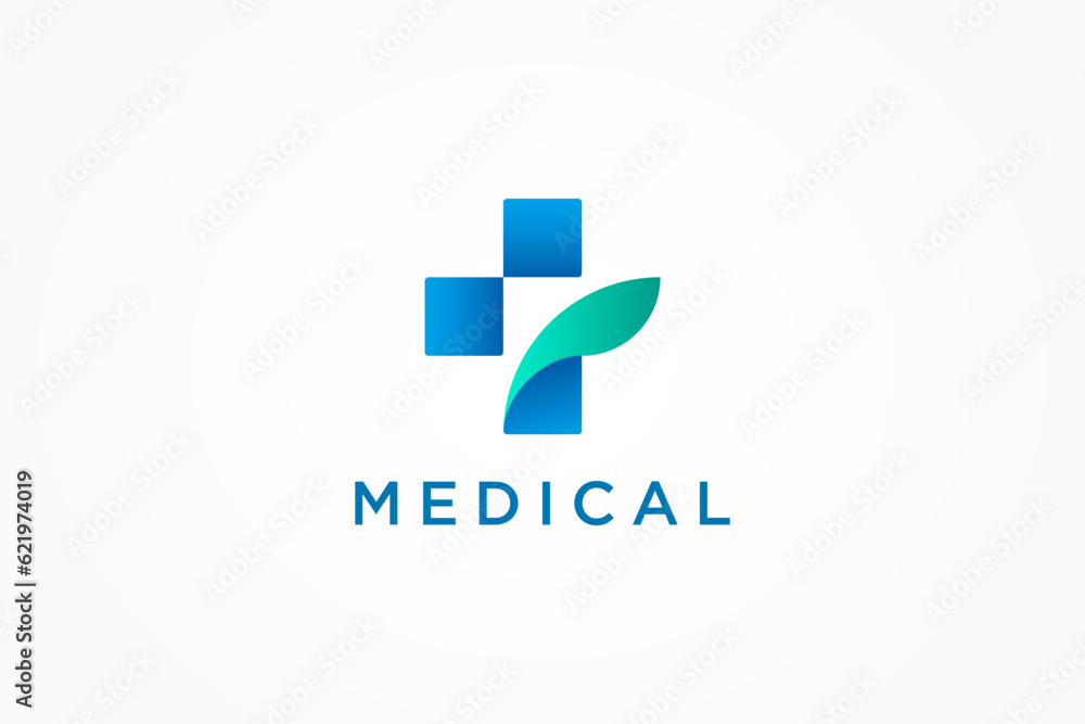 Medical Logo. Blue Cross Sign with Leaf Combination isolated on White ...