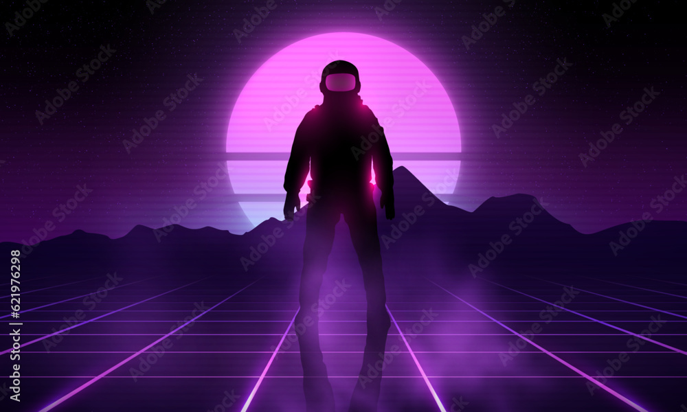 Neon glowing retro Astronaut Spaceman Background Design. Synthwave ...