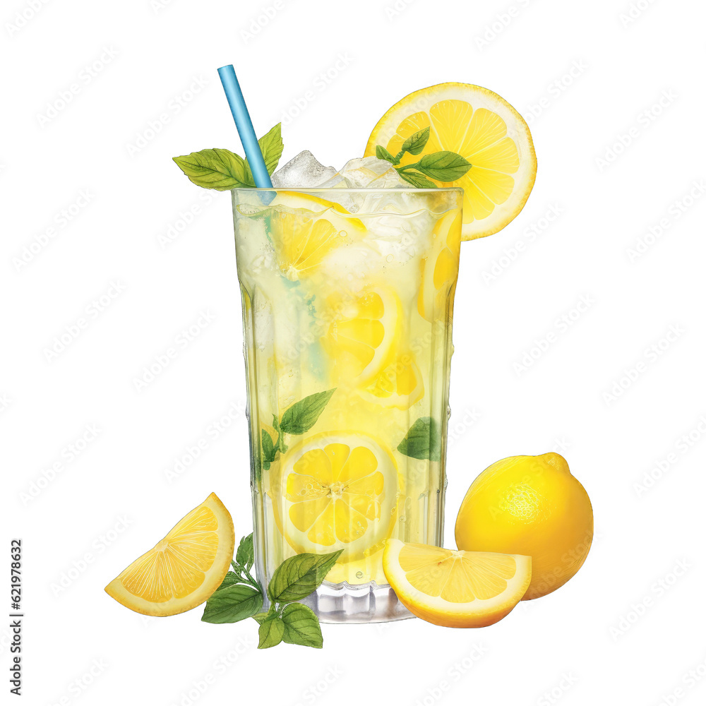 Glass of fresh lemonade isolated on transparent background. Ice cold ...