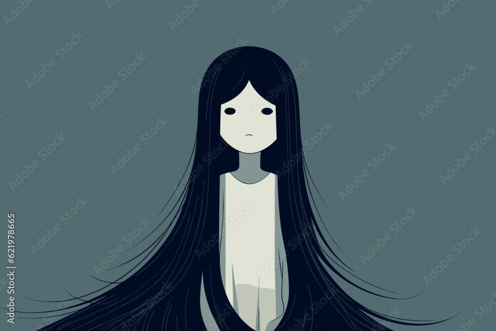 Doodle inspired Sadako Yamamura, cartoon sticker, sketch, vector ...