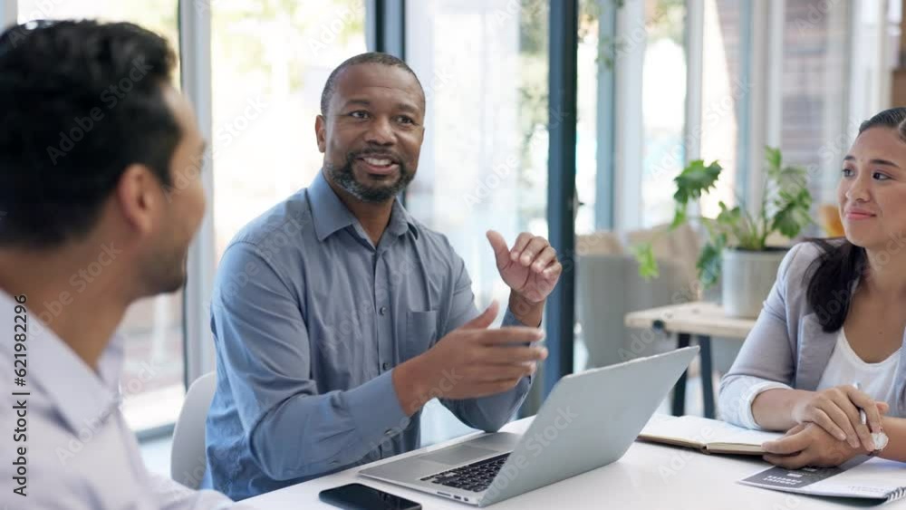 Corporate meeting, communication and happy black man man giving ...
