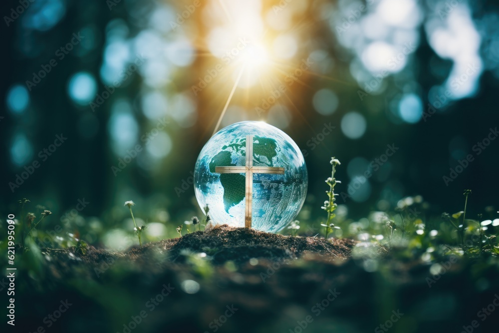 Globe with christian cross on nature background. Earth day concept ...