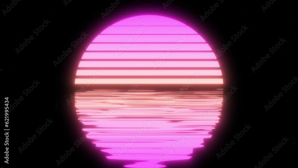 Retro sun sunset on a starry sky and water waves bright neon rays ...