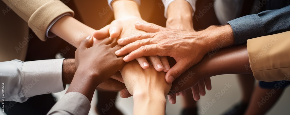 Foto de Stack of hands showing unity and teamwork, office background ...