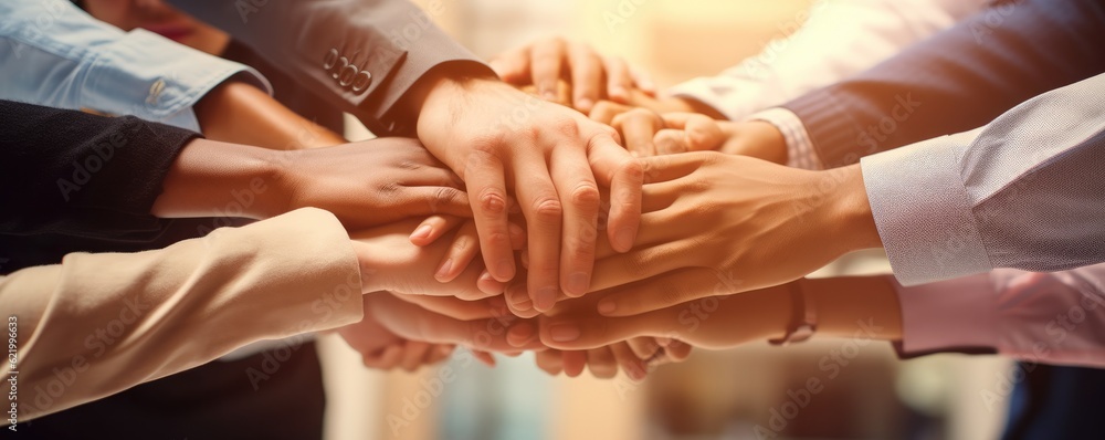 Stack of hands showing unity and teamwork, office background, panorama ...