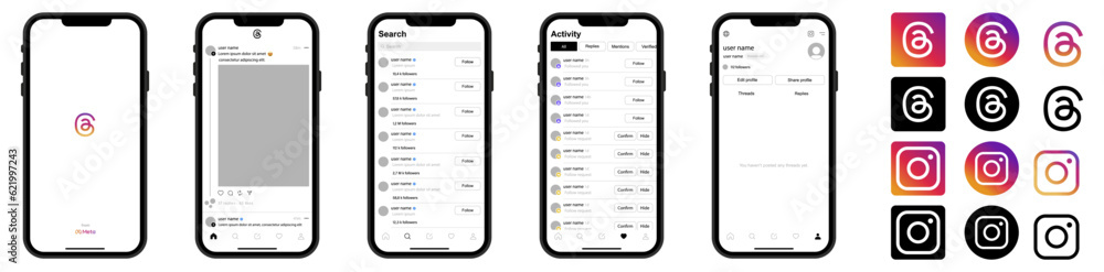 Threads screen mockup. Threads logo set. Social network by Instagram ...