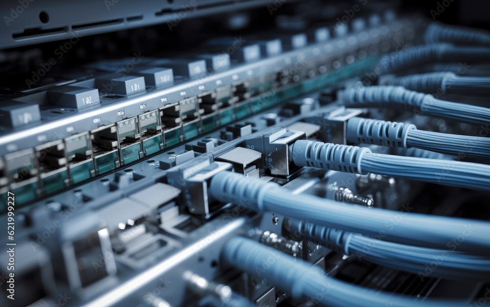 Server rack with fiber optic cables attached to front panel switch ...