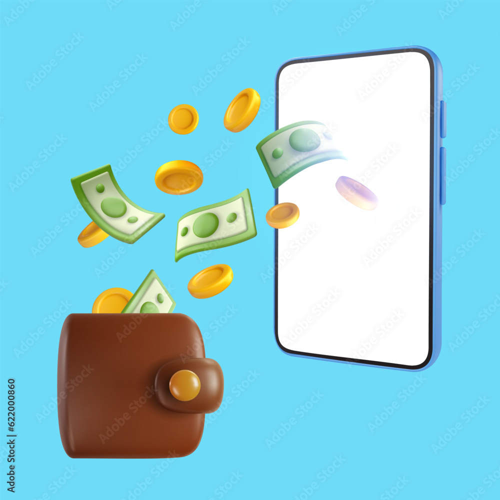 Vector smartphone with wallet and flying money in bright realistic 3d ...