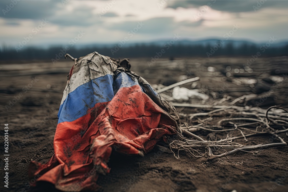 Russian flag all worn and dirty laying on the ground. Generative Ai ...