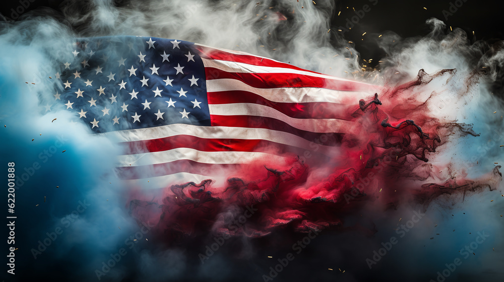 american flag colors from smoke explosion of cloudy firework at USA ...