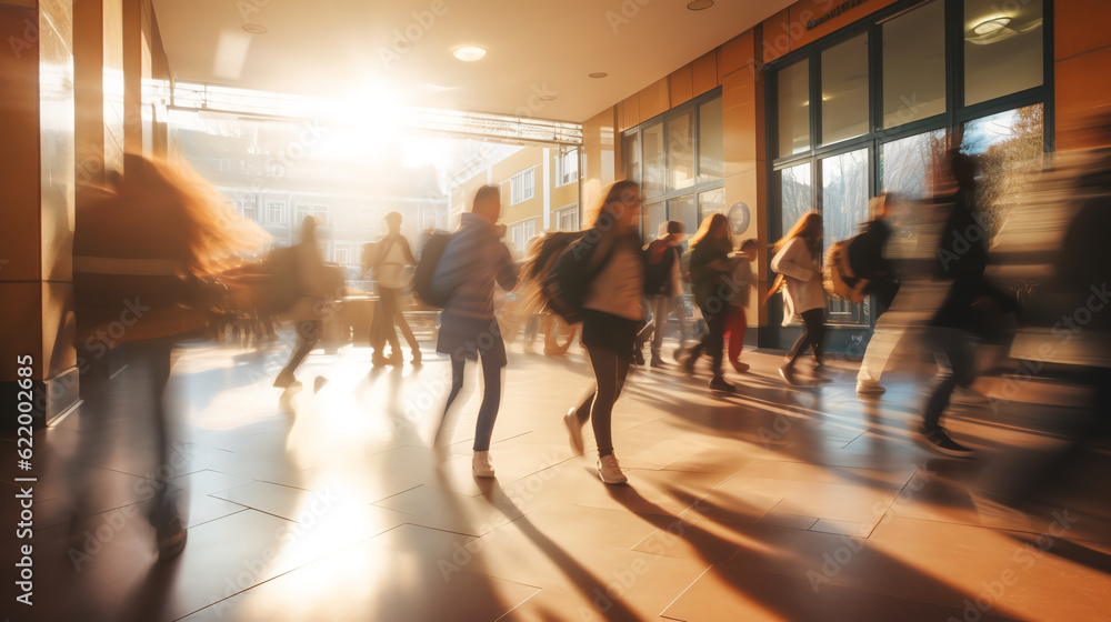 blurred group of young students going to class in fast movement.ai ...