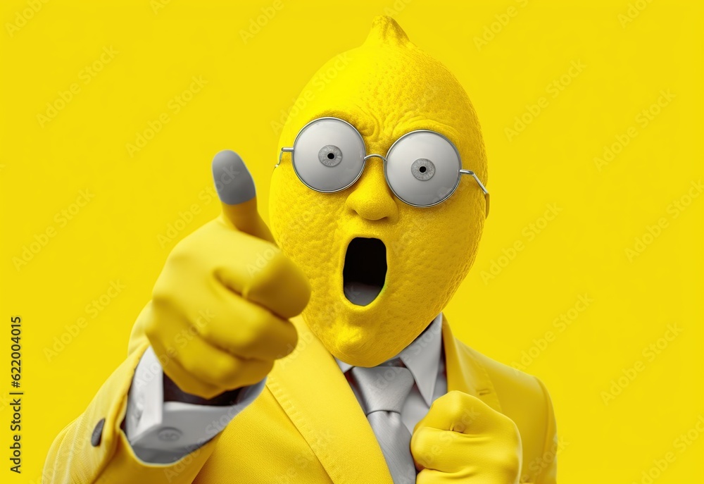Angry screaming Mr. Lemon in a yellow business suit and glasses points ...