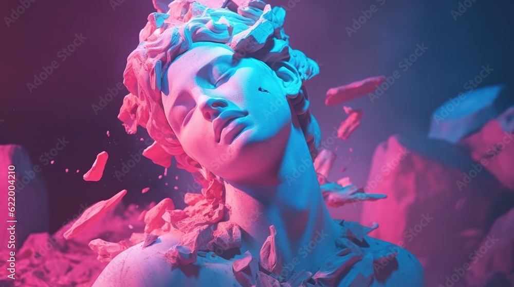 A broken head sculpture of classical style. Cracking marble female ...