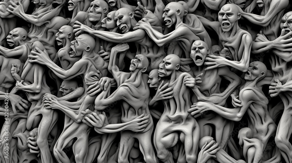 Sculptural composition on the theme of purgatory or hell with many ...