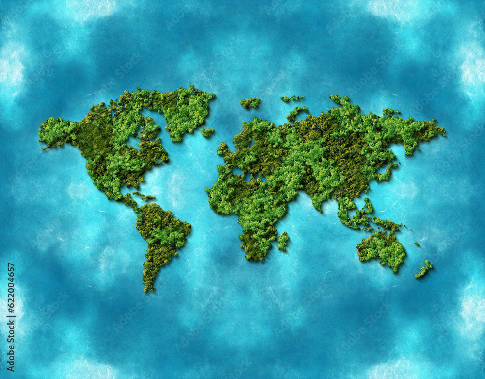 Green World Map- 3D tree or forest shape of world map isolated on white ...