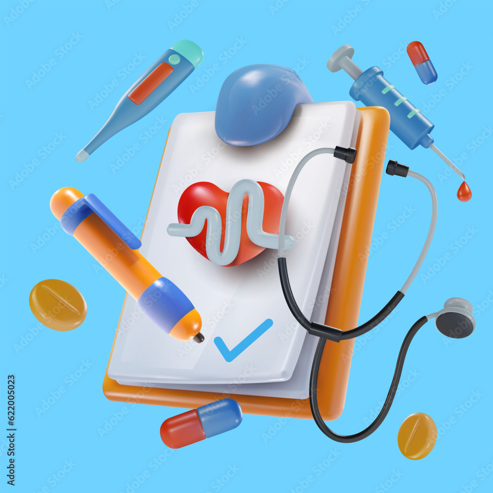 Vector 3d medical paper document with bright cartoon elements. Health ...