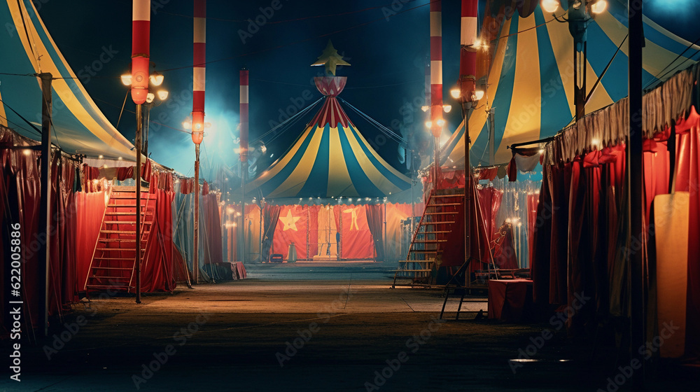 Abstract and retro, a vintage circus scene with big top tents and ...