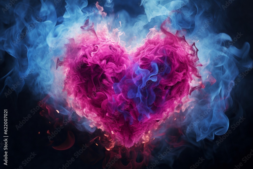 Fiery embrace: A pink heart engulfed in vibrant blue flames, capturing ...
