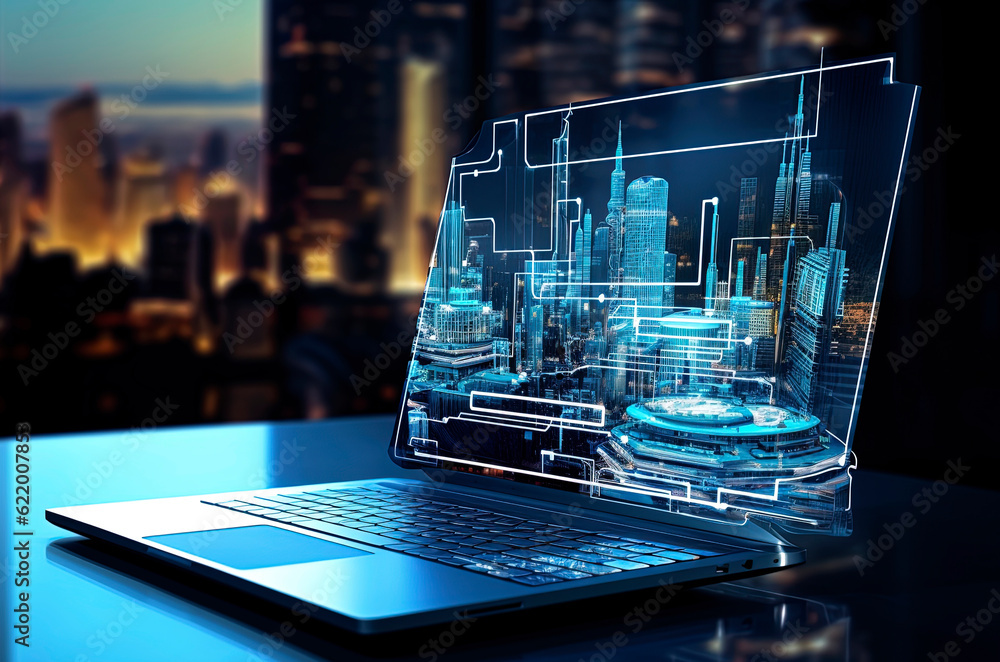 Generative AI computer screen view illustration of futuristic ...