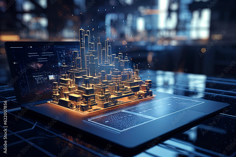 Generative AI computer screen view illustration of futuristic ...