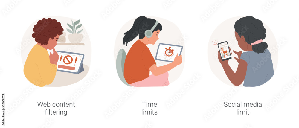 Parental control isolated cartoon vector illustration set. Web content ...