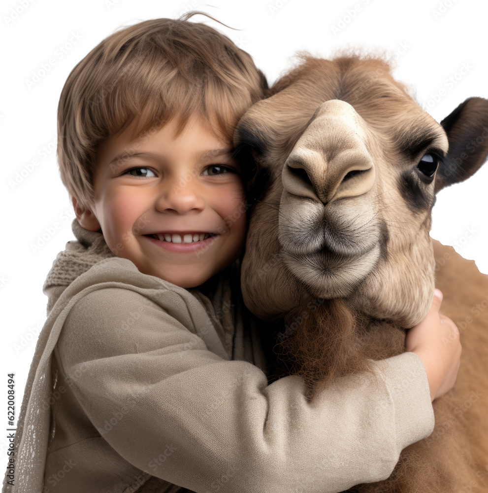 Cute little boy is hugging a dromedary camel isolated on white ...