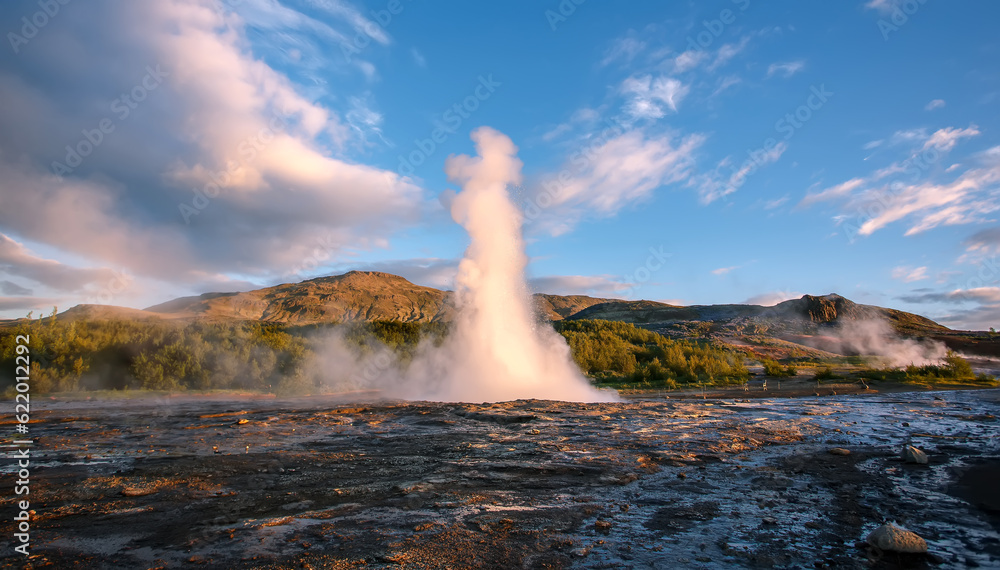 Stunning Eruption of Strokkur Geysir in Iceland during sunset. Strokkur Geyser Popular touristic ...