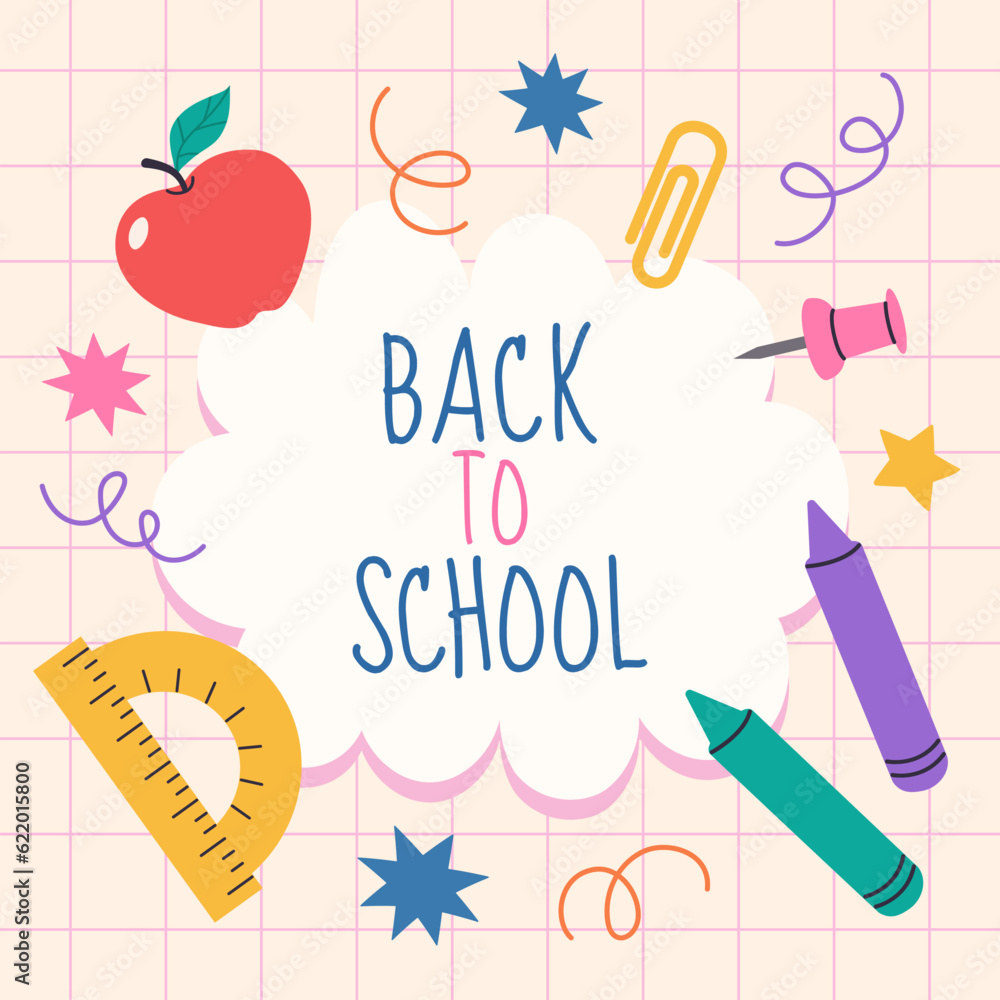 Back to school banner template. Flat cartoon hand draw illustration ...