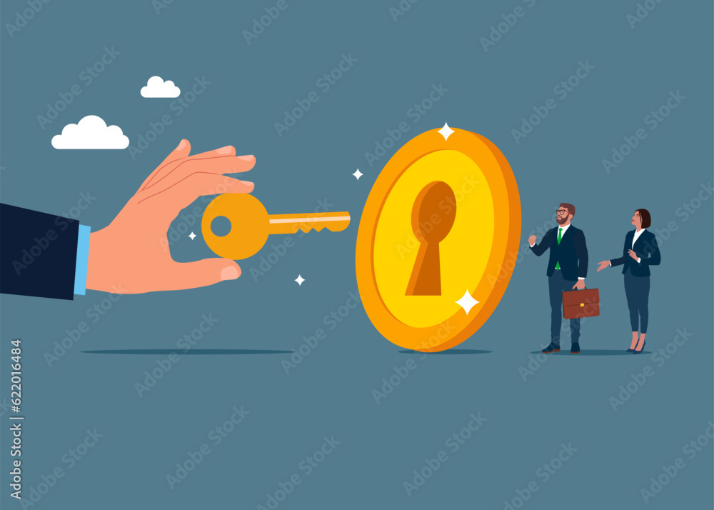 Business people holding golden key to unlock coin keyhole. Flat vector ...