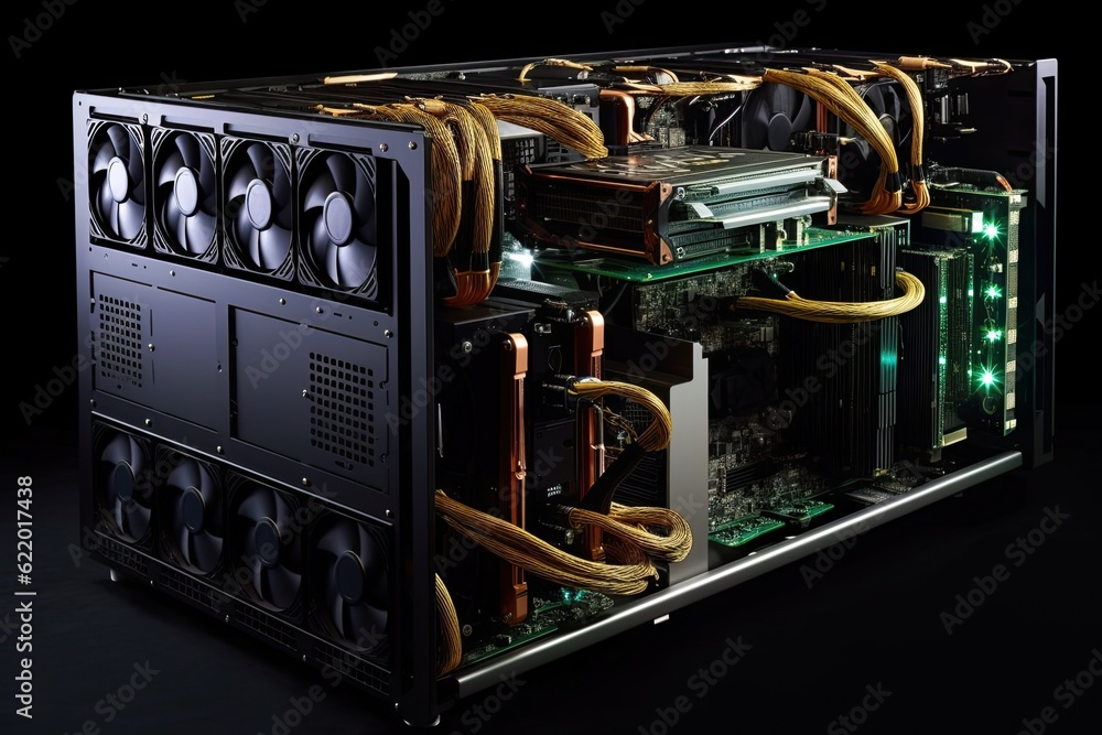 compact powerful mining rig, armed with specialized hardware, tirelessly crunches complex ...