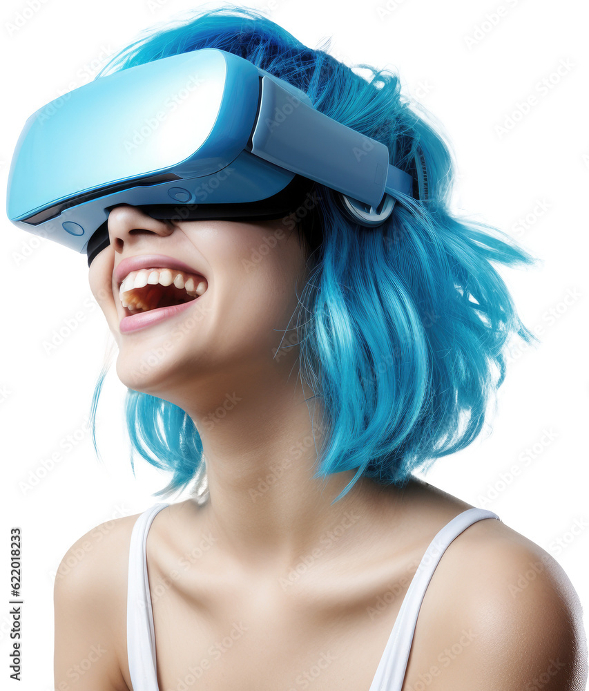 Smiling young pretty woman with blue hair wearing a VR headset isolated ...