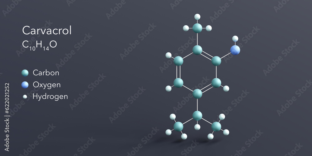 carvacrol molecule 3d rendering, flat molecular structure with chemical ...