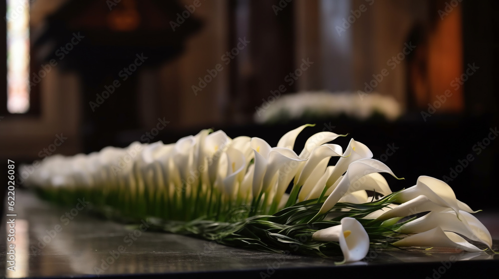 Generative AI, white flowers on the lid of the coffin, ceremony ...