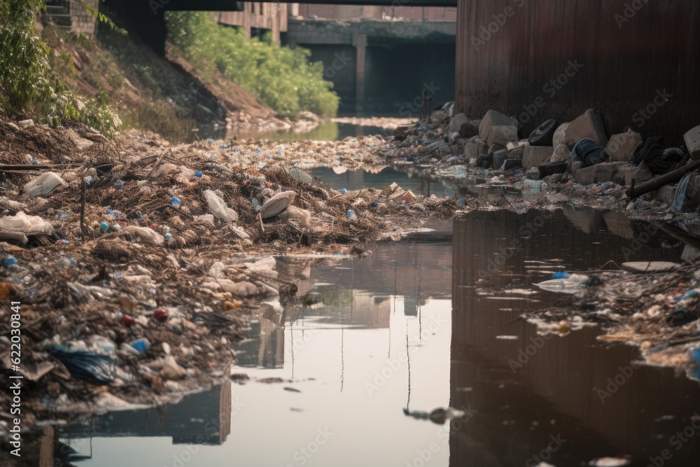 A polluted river with garbage and industrial waste. The environmental ...