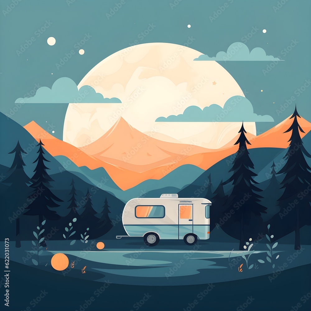 Camper in the forest between mountines with very big moon. travel ...